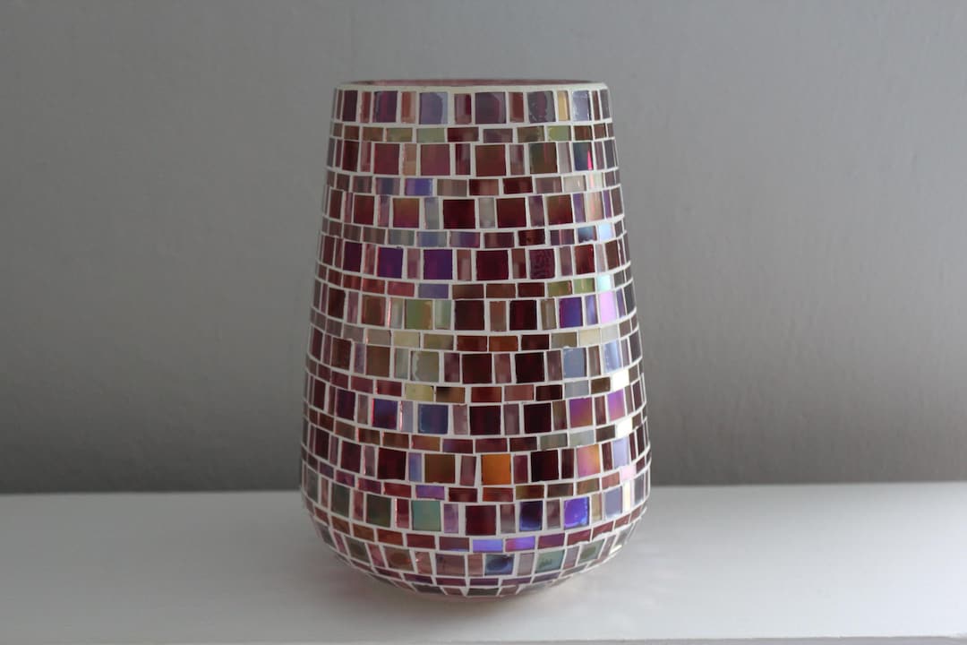 Vintage Large Pink Mosaic Glass Tile Vase, Colorful Iridescent Glass ...