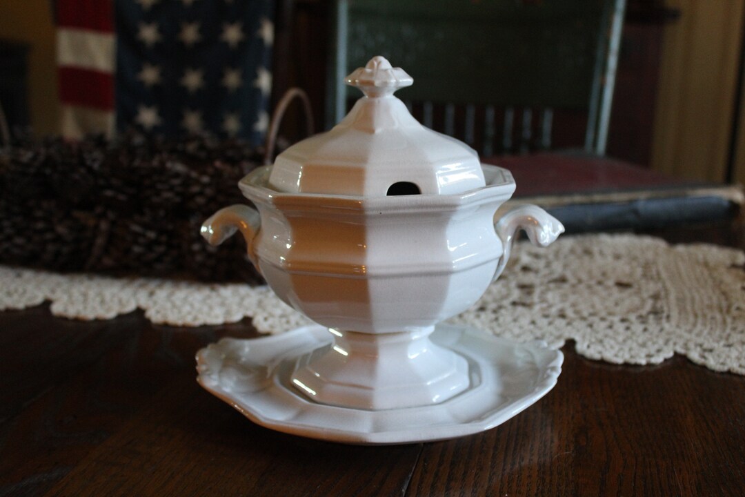 Antique White Ironstone Tureen, 1800s John Alcock White Ironstone Sauce ...