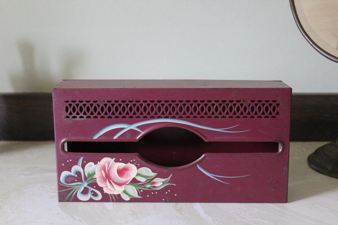 Vintage Maroon Tissue Box Holder W/ Hand-painted Flowers for Wall or ...