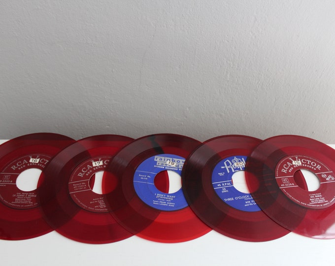 Set of 5 Vintage Red Records, Red Vinyl Records, Red 45s, Red 45 ...