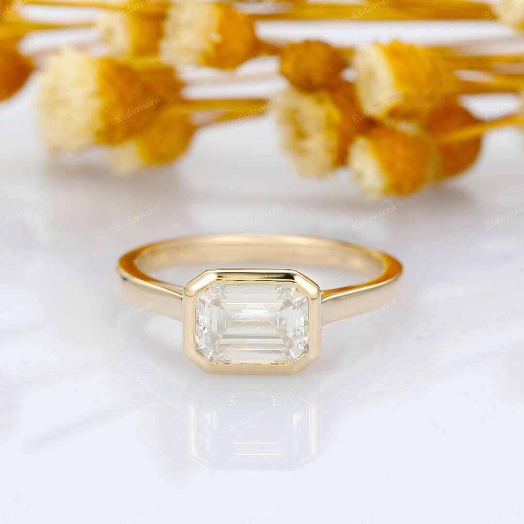 Solid Gold Emerald Cut Moissanite Engagement Ring, East to West Ring ...