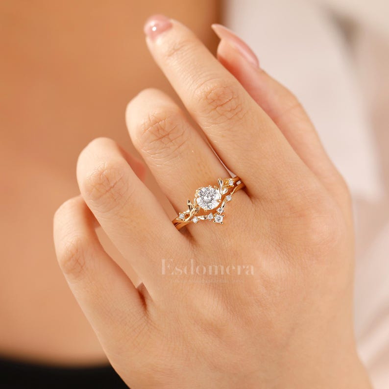 Round Moissanite Engagement Ring Set, Leaves Band Cluster Wedding Ring ...
