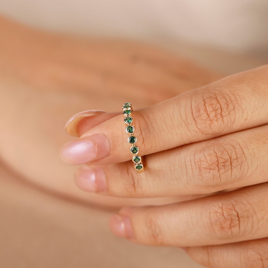 Bubble Green Emerald Half Eternity Band, Bezel Set Emerald Wedding Band ...