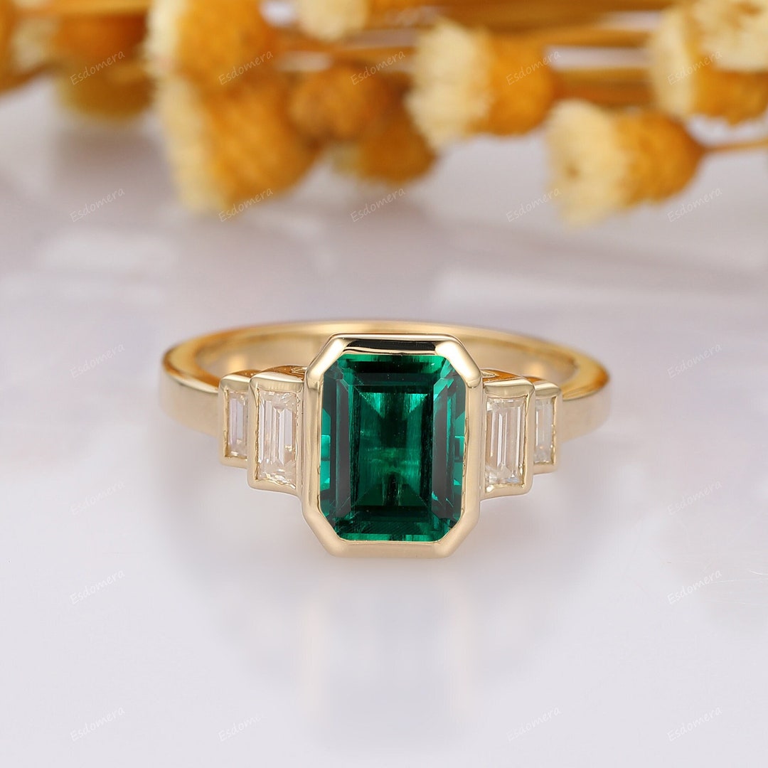 Emerald Engagement Ring, Vintage Baguette Moissanite Ring, Bezel Set ...