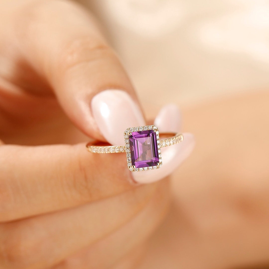 Emerald Cut Amethyst Ring, 6x8mm Emerald Cut Natural Amethyst ...