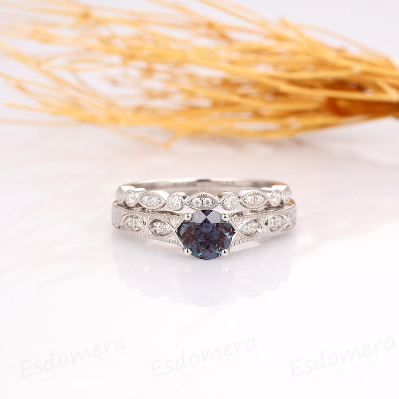 Alexandrite Wedding Set Art Deco Round Cut 1CT Alexandrite - Etsy