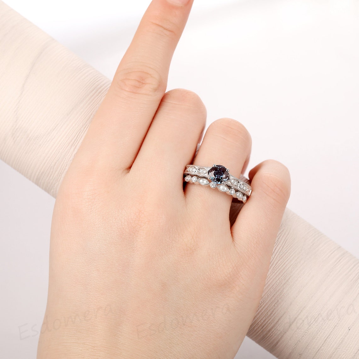 Alexandrite Wedding Set Art Deco Round Cut 1CT Alexandrite - Etsy