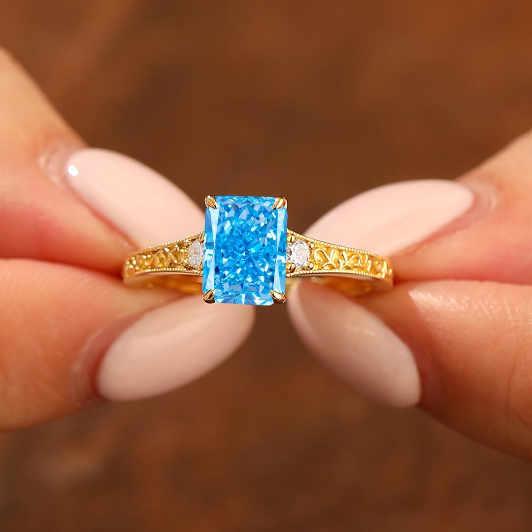 Unique Blue Diamond Engagement Ring, Emerald Cut Lab Grown Diamond Ring ...