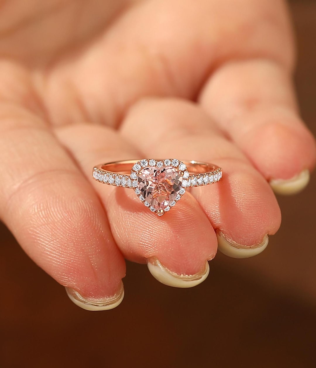 Morganite Ring, Heart Shape 1CT Morganite Engagement Ring, Halo Pave ...
