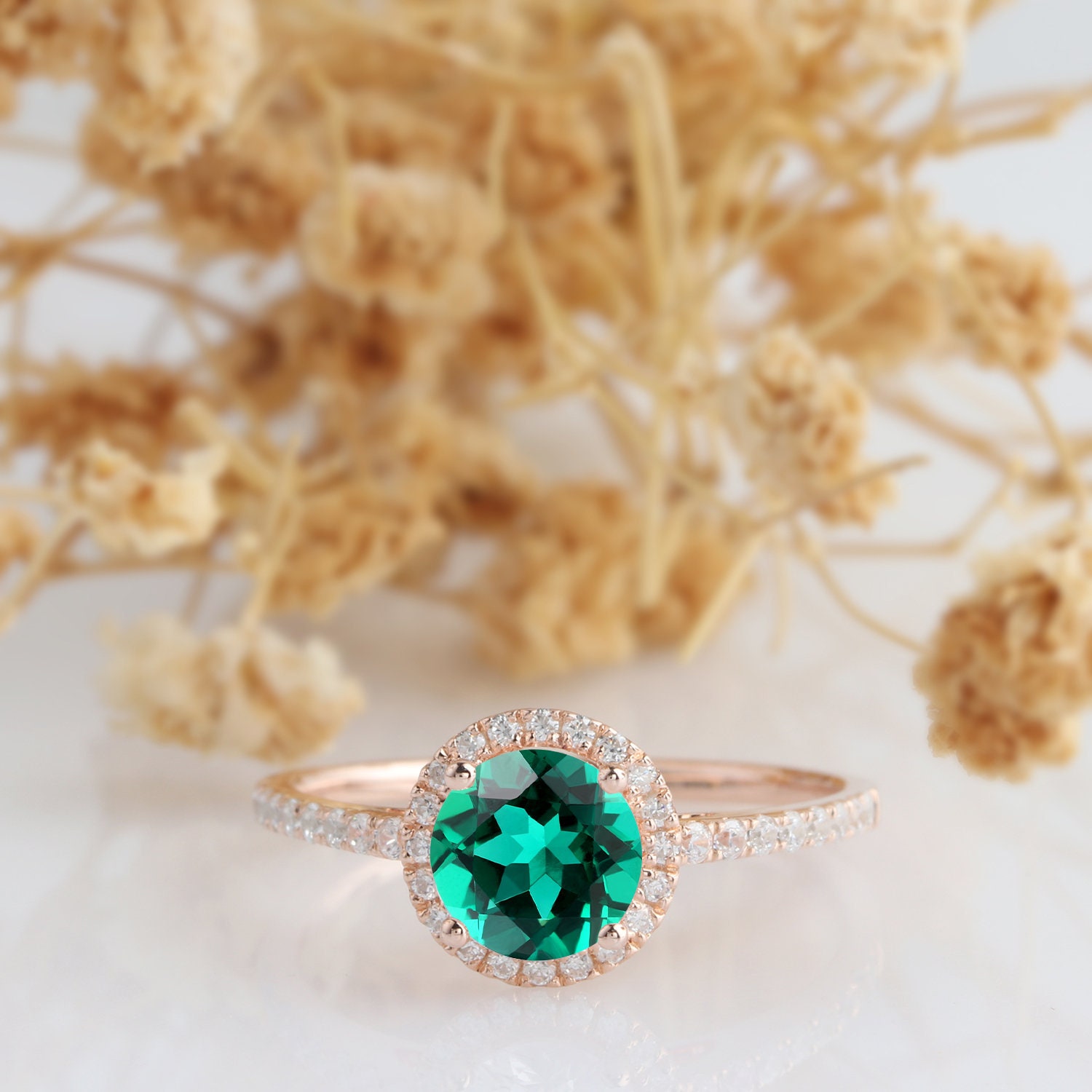 Emerald Ring Round Cut 1CT Emerald Wedding Ring Halo Pave | Etsy