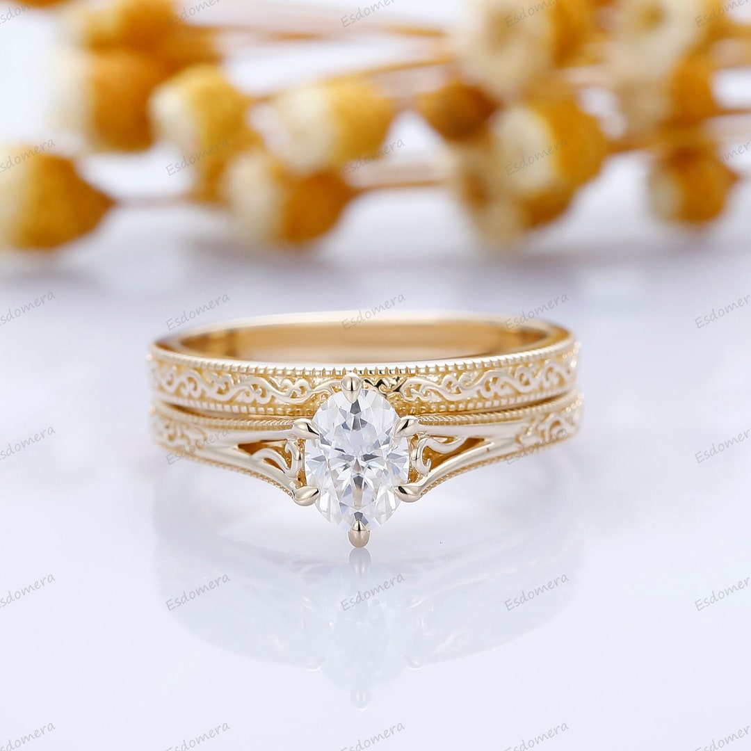 Filigree Moissanite Engagement Ring Set Yellow Gold Stacking Band ...