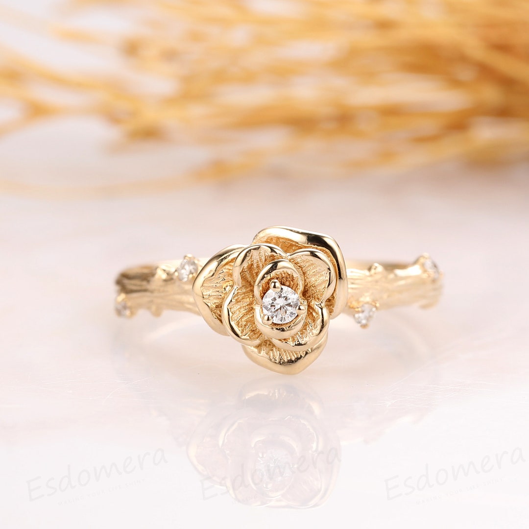 Floral Diamond Ring, Diamond Rose Flower Design Ring, 0.04ctw Diamonds ...
