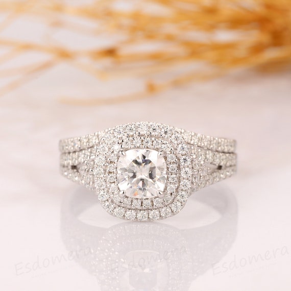 Bridal Wedding Ring Set Cushion Cut 1CT Moissanite Engagement - Etsy