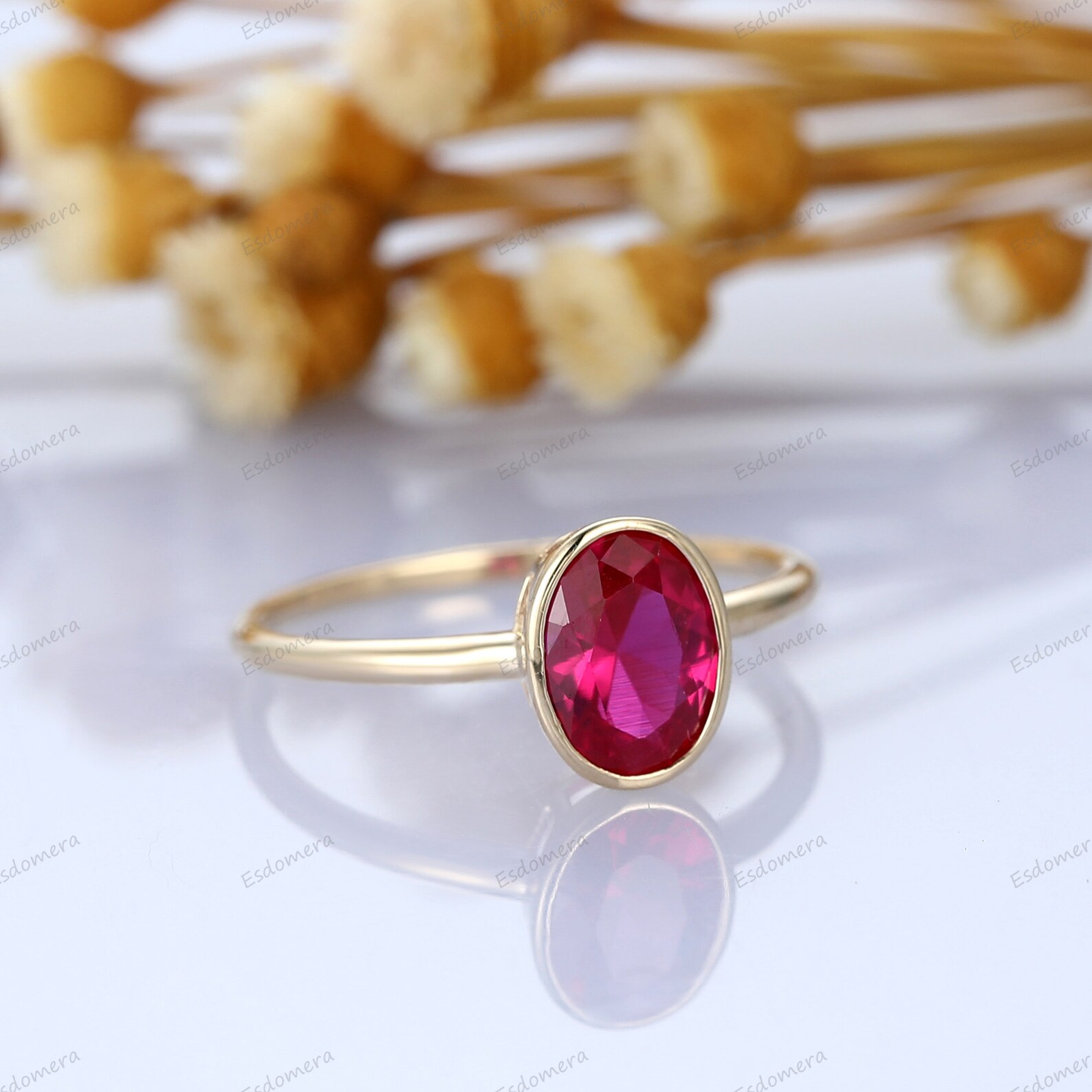 Gold Bezel Set Ruby Ring, Dainty Ruby Ring, 6x8mm Oval Cut Ruby Ring ...