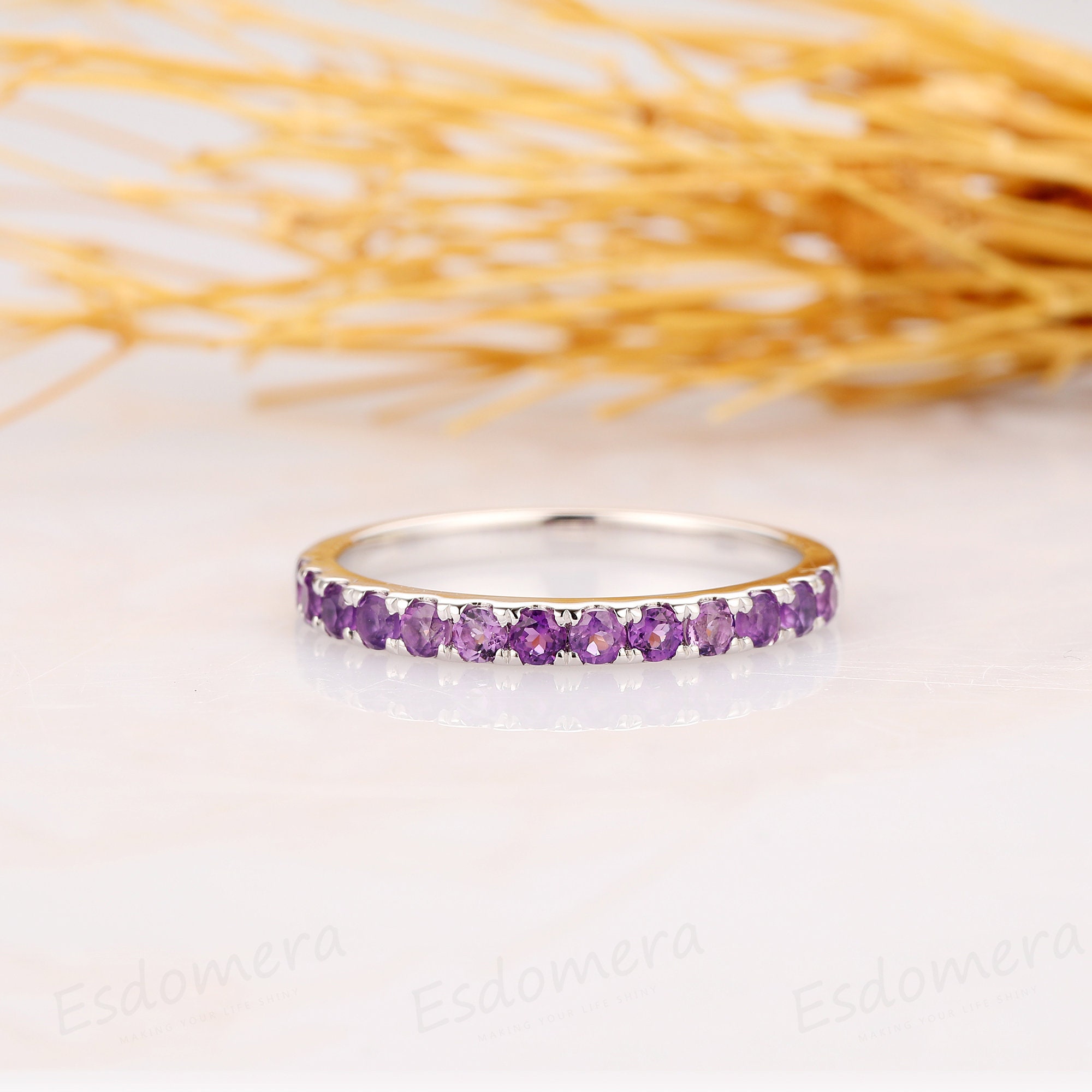 Purple Stone Ring Natural Amethyst Wedding Band 14K White - Etsy Singapore
