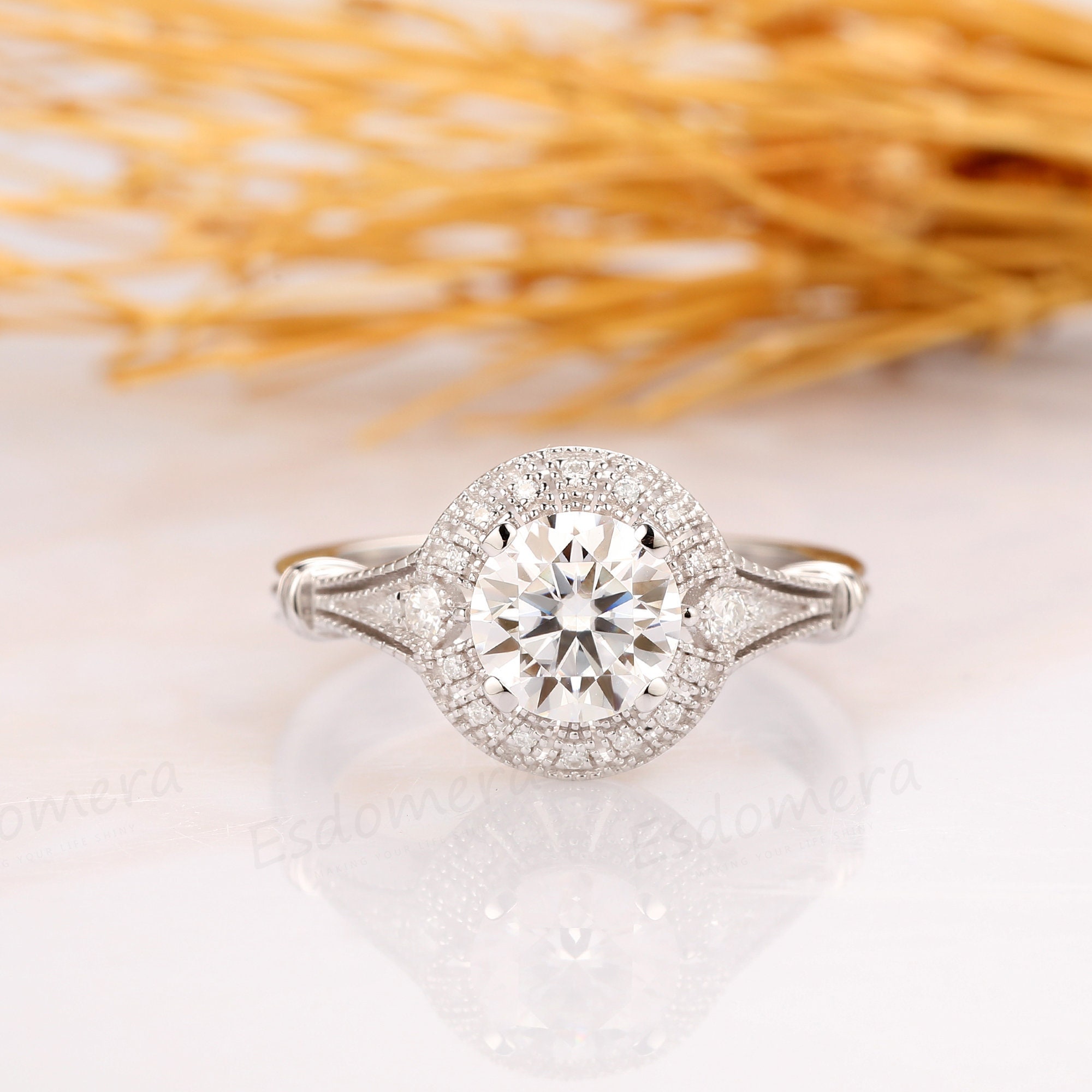 Vintage Moissanite Ring Round 1 CT Moissanite Ring Art Deco | Etsy