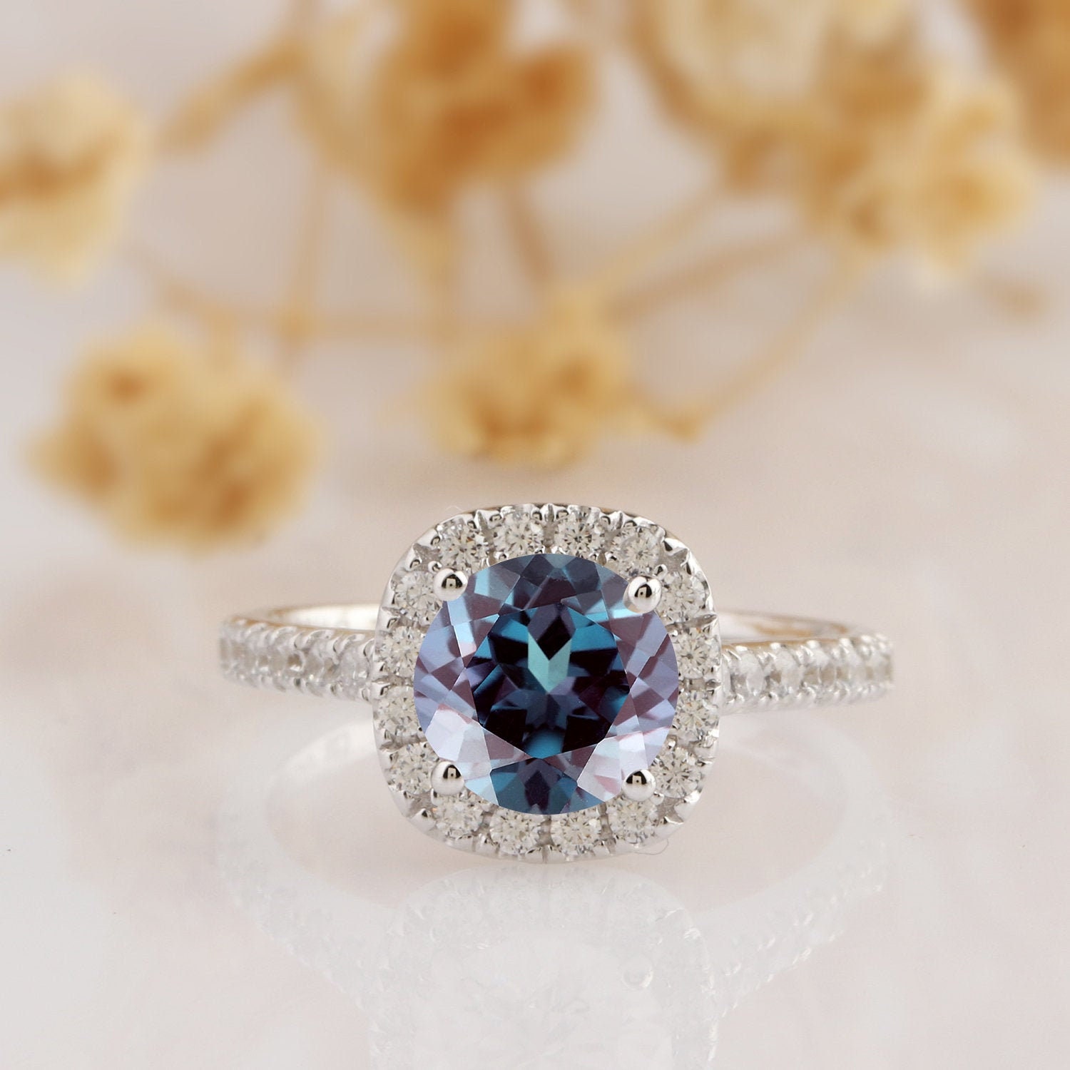 Alexandrite Wedding Ring Round Cut 1CT Alexandrite Ring Halo | Etsy