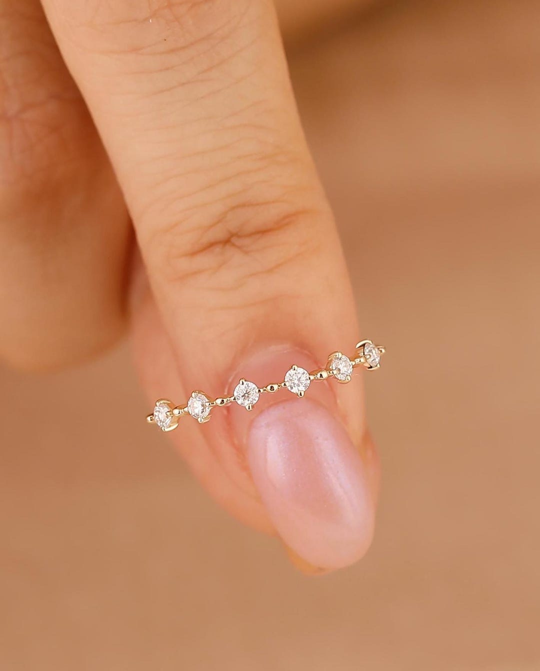 14K Bubble Prong Set Ring, Moissanite Wedding Band, Dainty Yellow Gold ...