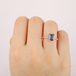 Emerald Cut Alexandrite Ring, 6x8mm Alexandrite Engagement Ring, Halo ...