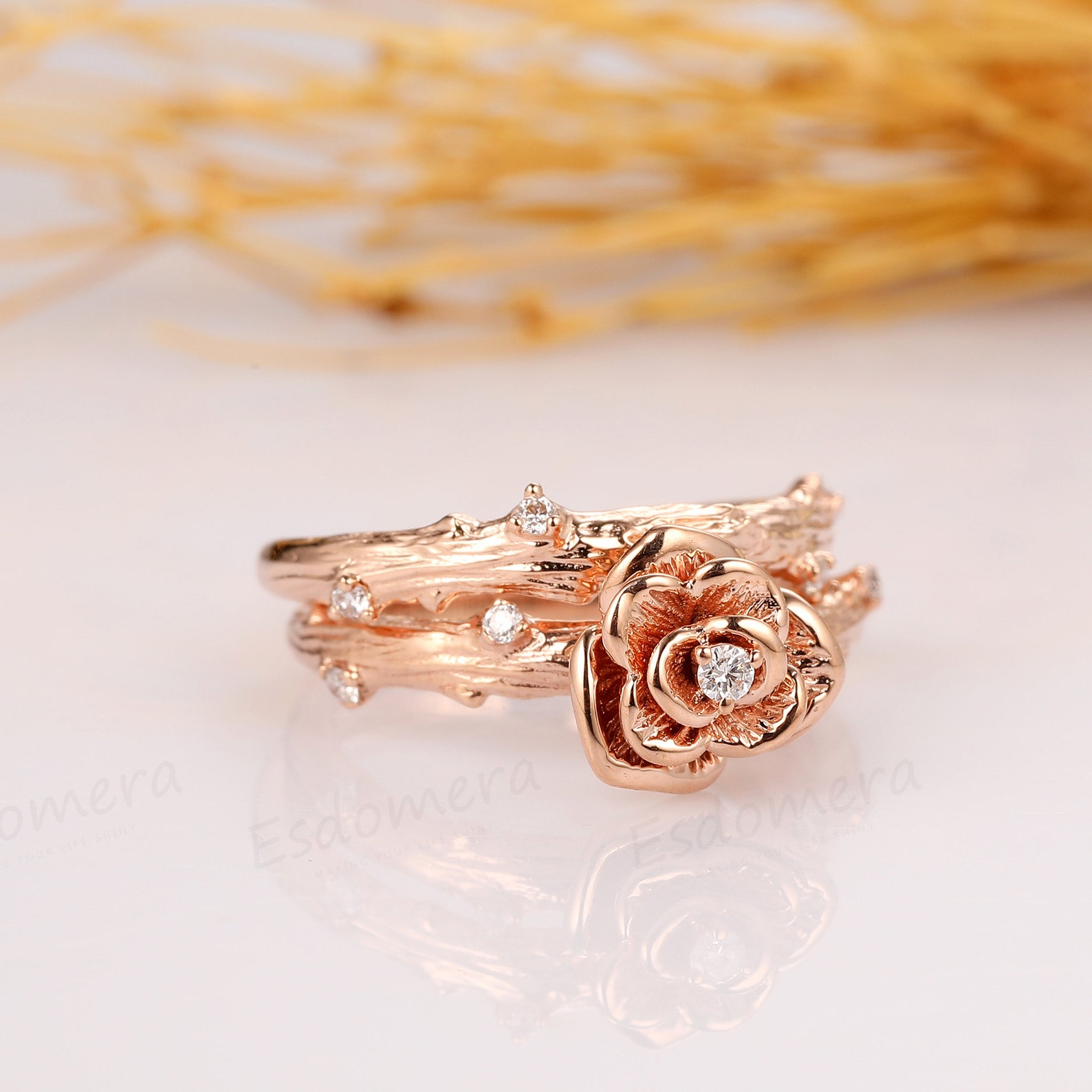 Floral Diamond Bridal Set Diamond Rose Flower Design Wedding - Etsy