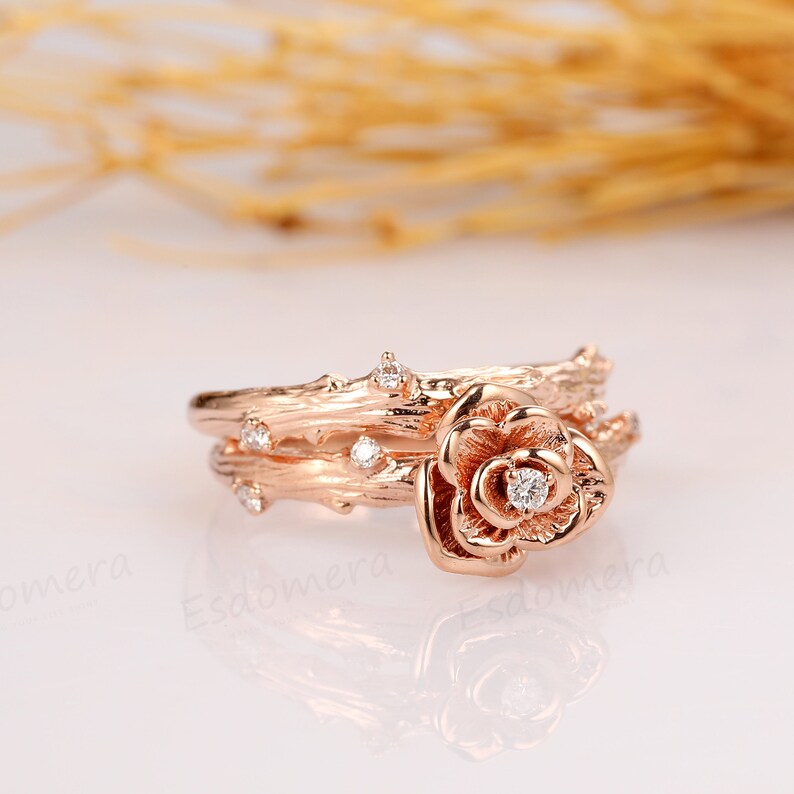 Floral Diamond Bridal Set Diamond Rose Flower Design Wedding - Etsy