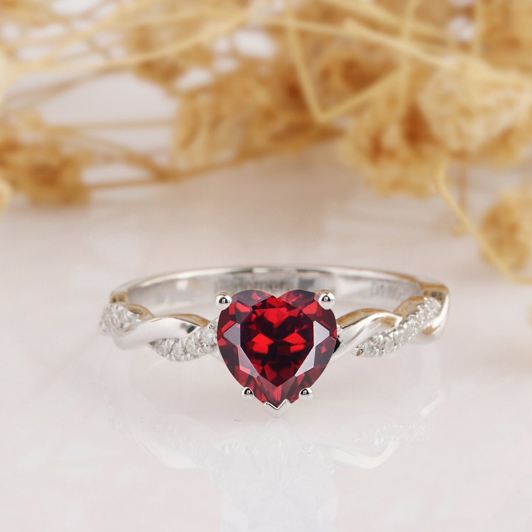 Heart Shape 1CT Natural Red Garnet Ring, 14k White Gold Engagement Ring ...
