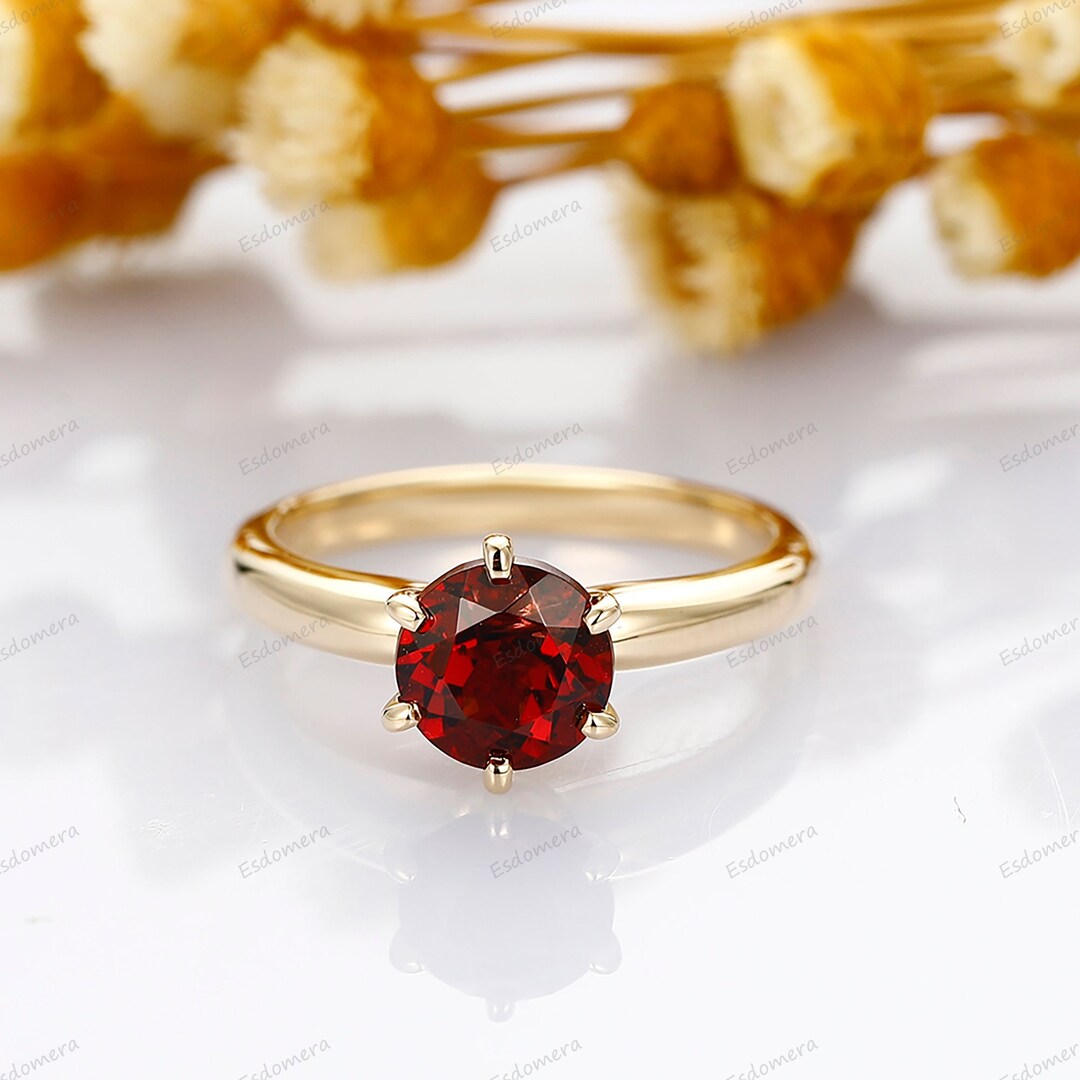 Natural Round Red Garnet Engagement Ring, Gemstone Promise Ring for ...