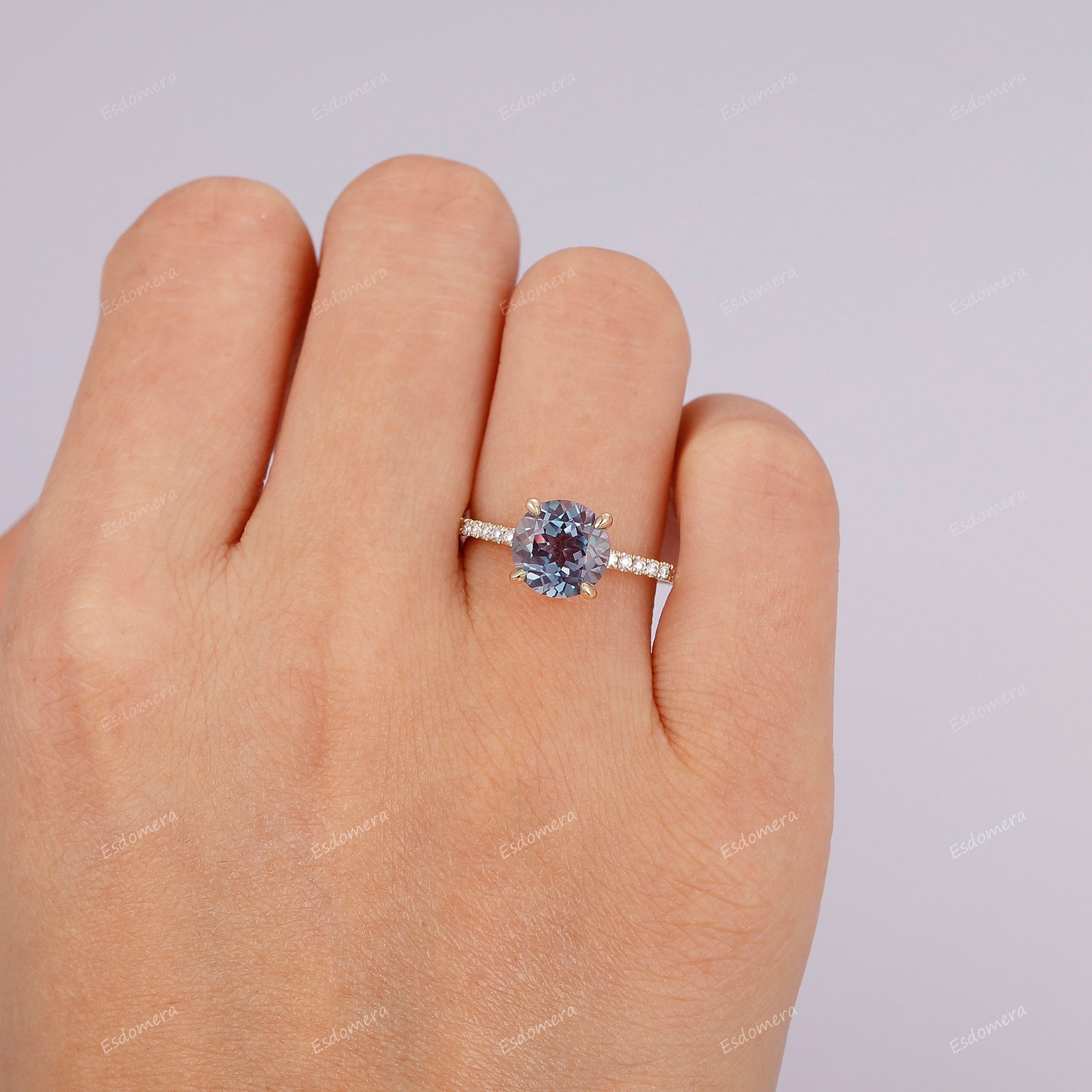 8mm Round Cut Alexandrite Ring 14K Solid Yellow Gold Half - Etsy