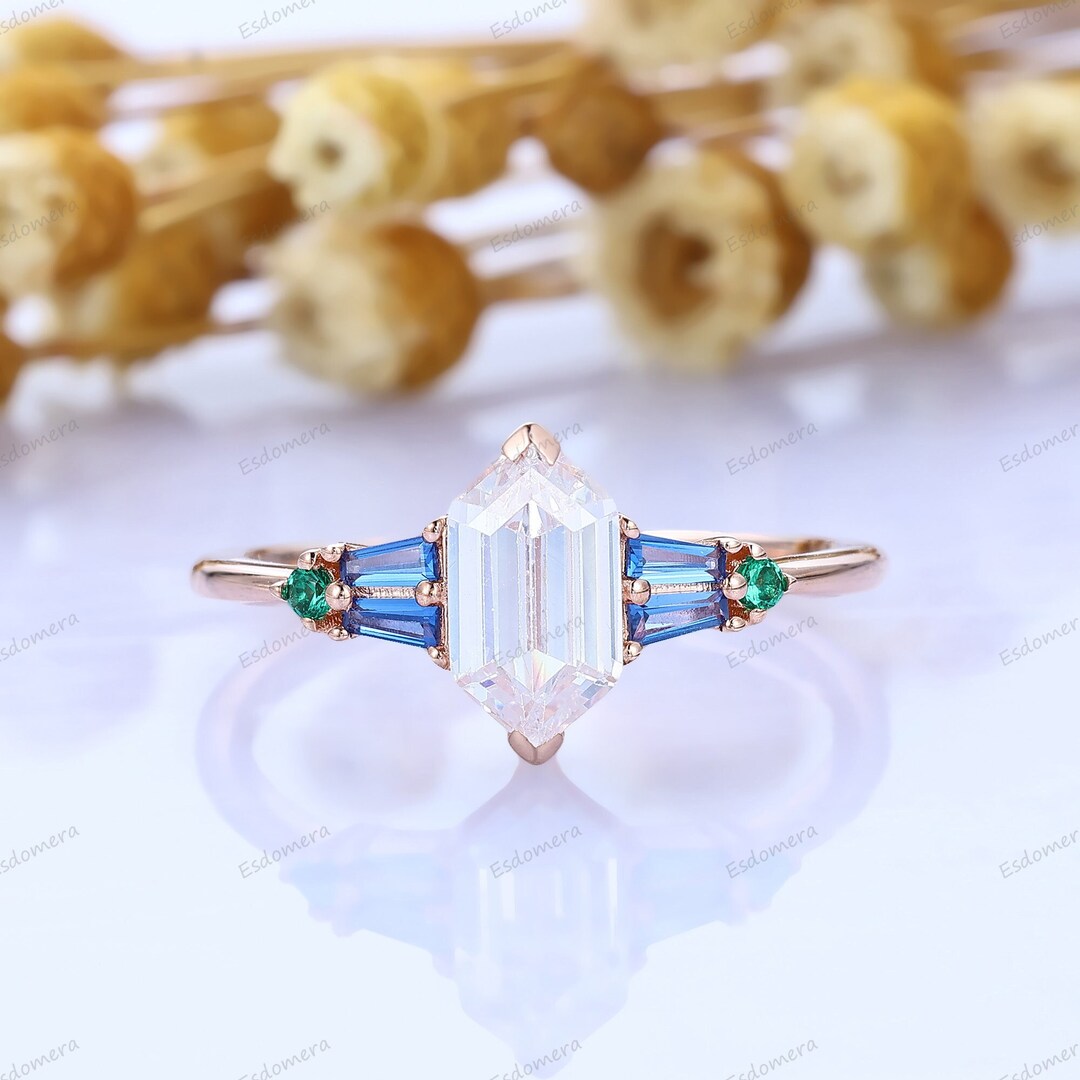 Trapezoidal Cut Sapphire Ring, Antique Hexagon Cut Moissanite ...