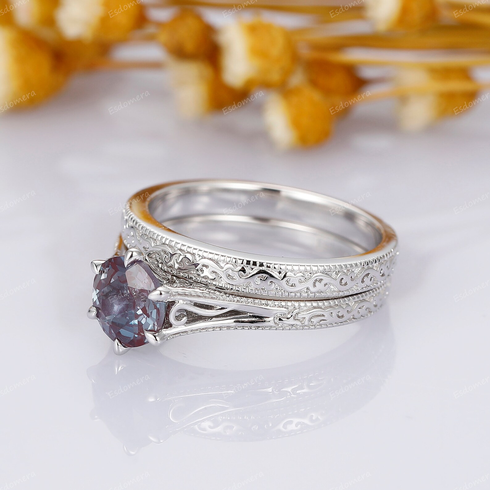 Filigree Design Alexandrite Engagement Ring Set, Promise Ring June ...