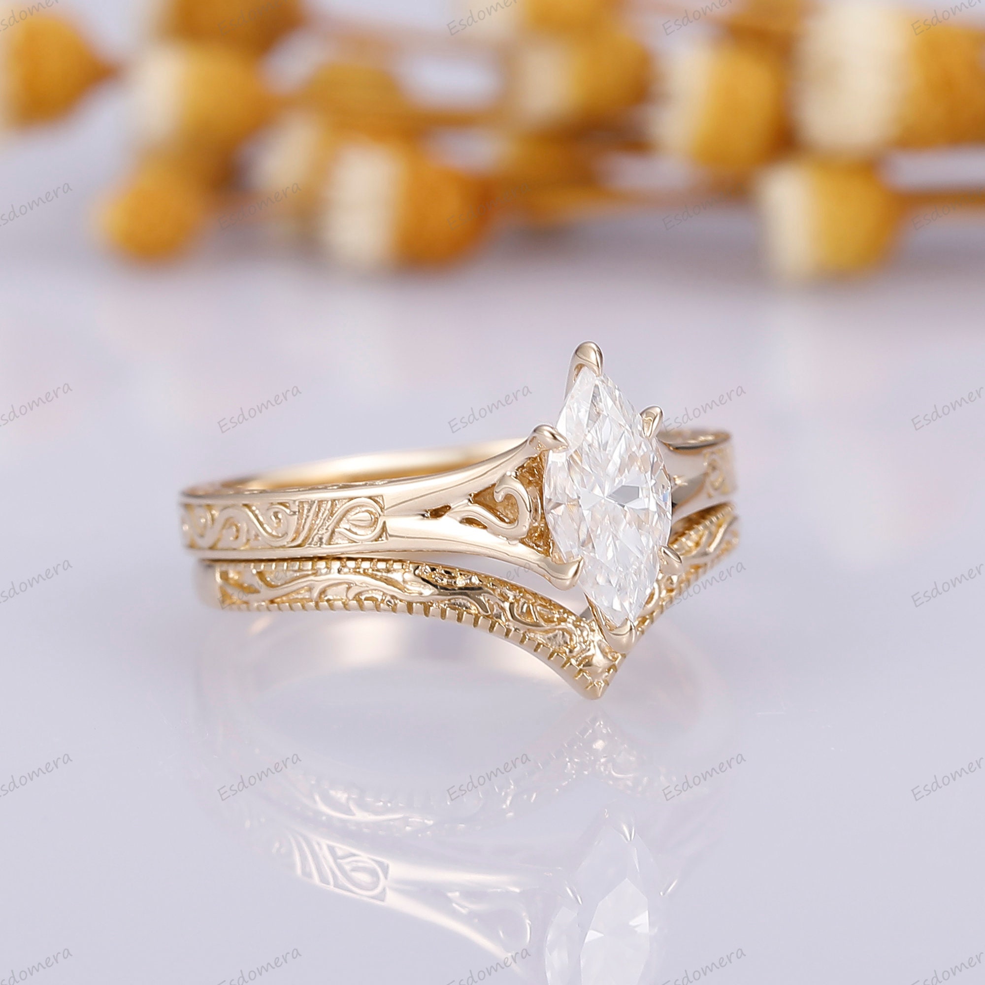 Flat Wings Marquise Cut 1CT Moissanite Engagement Ring Set, Art Deco ...