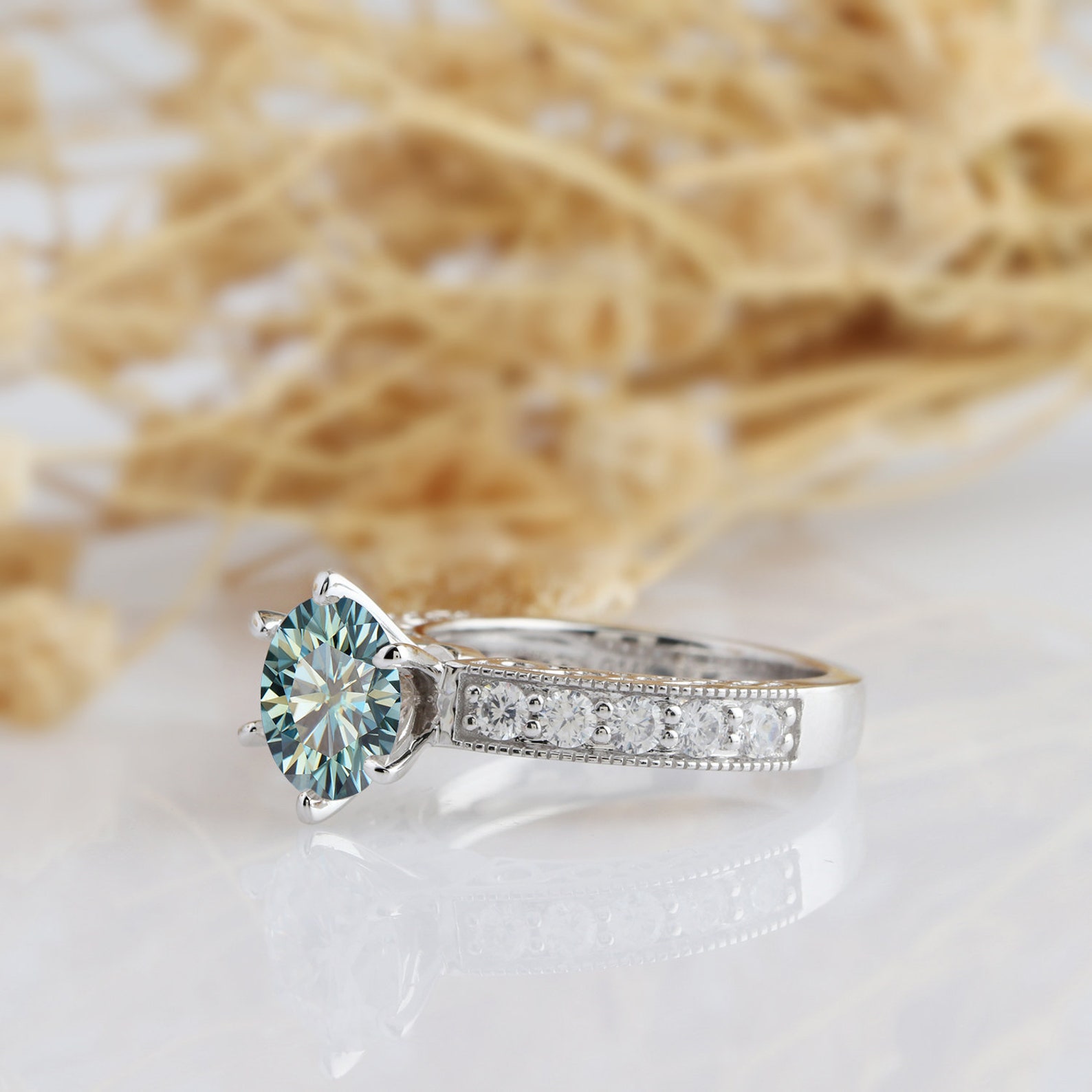 Blue Moissanite Vintage Ring Round Cut 2CT Blue Moissanite - Etsy