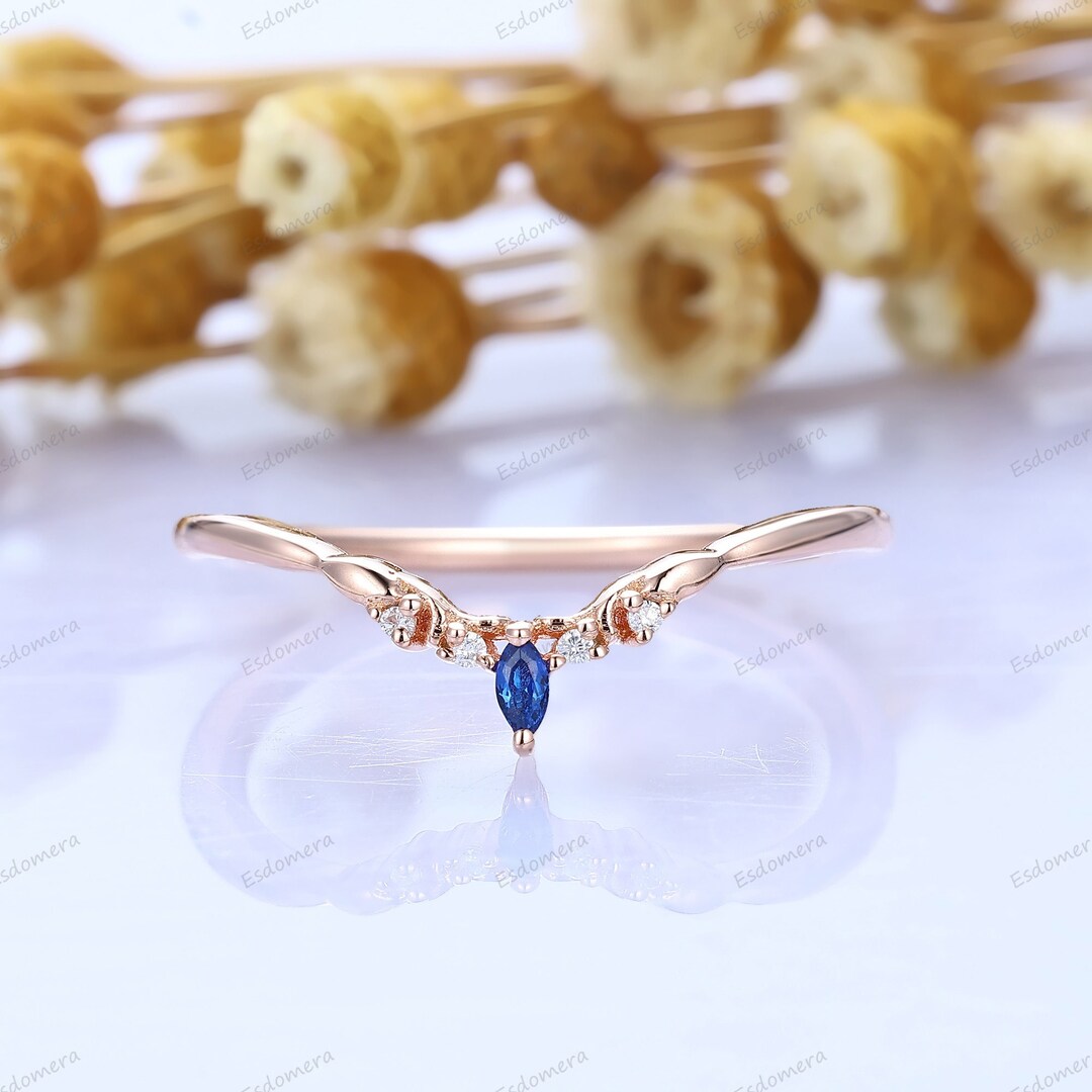 Sapphire Curved Wedding Ring, Marquise Sapphire Wedding Band Solid Gold ...