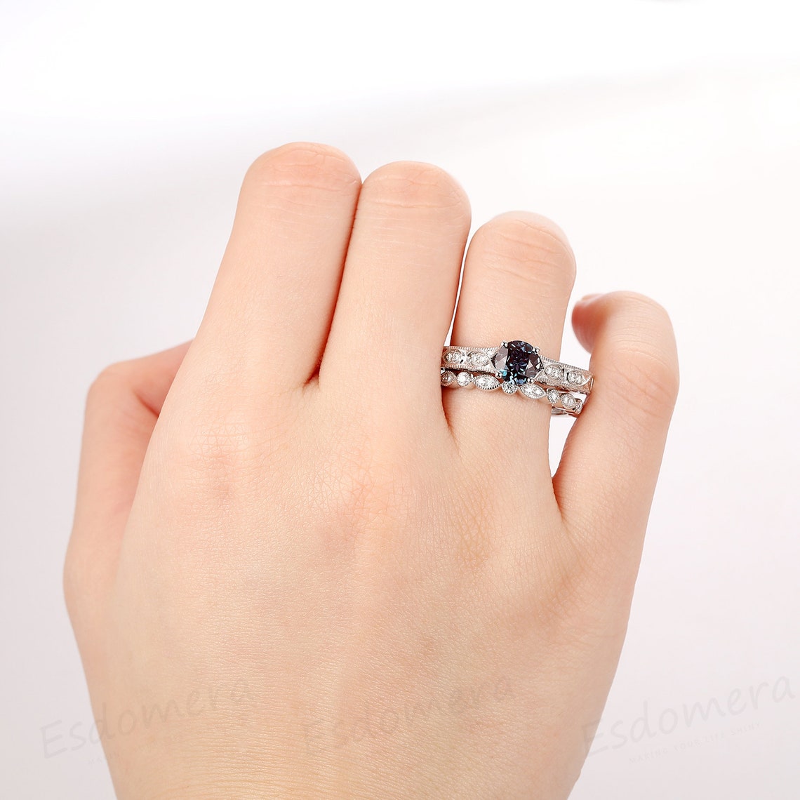 Alexandrite Wedding Set Art Deco Round Cut 1CT Alexandrite - Etsy