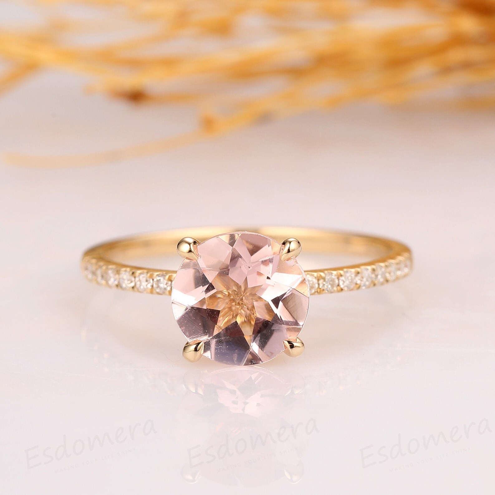 8mm Round Cut Natural Morganite Engagement Ring 14k Solid | Etsy