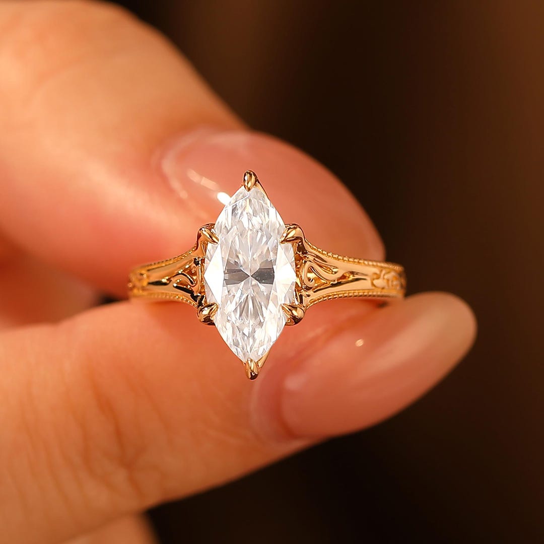 2CT Marquise Moissanite Engagement Ring, Euro Shank Tulip Setting Solid ...