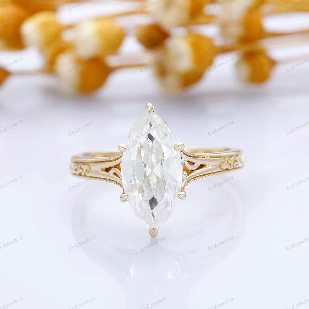 Antique Marquise Cut 3ct Moissanite Engagement Filigree Ring for Women ...