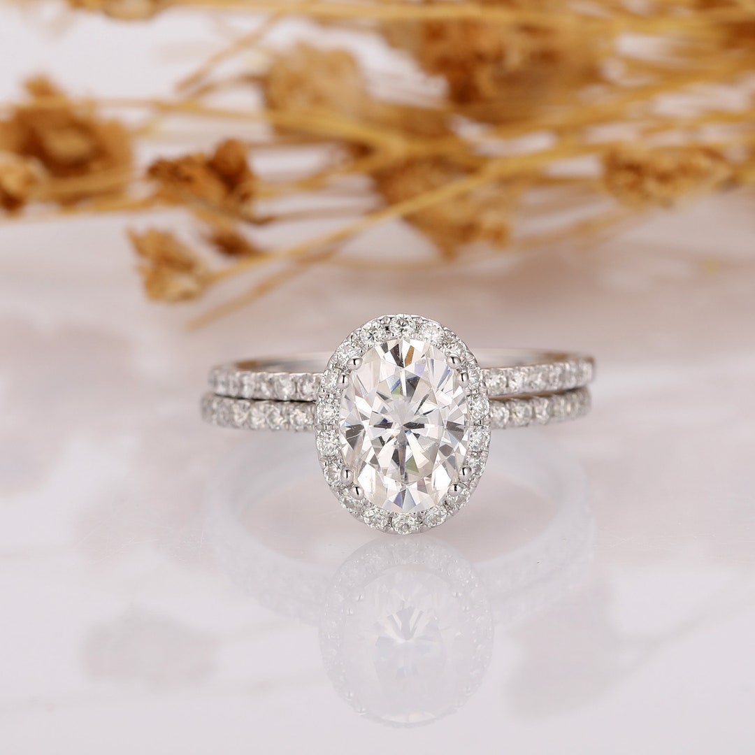 Moissanite Ring Set, Oval Cut 1.5ct Moissanite Engagement Ring, 14k ...