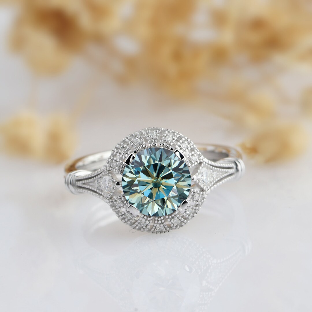 Blue Moissanite Ring Round 1CT Blue Moissanite Engagement - Etsy