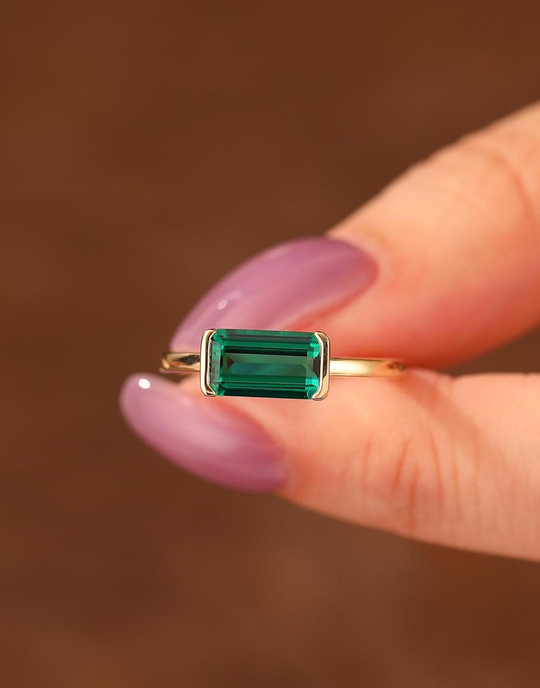 Bezel Set Emerald Gemstone Wedding Ring, East West Emerald Engagement ...