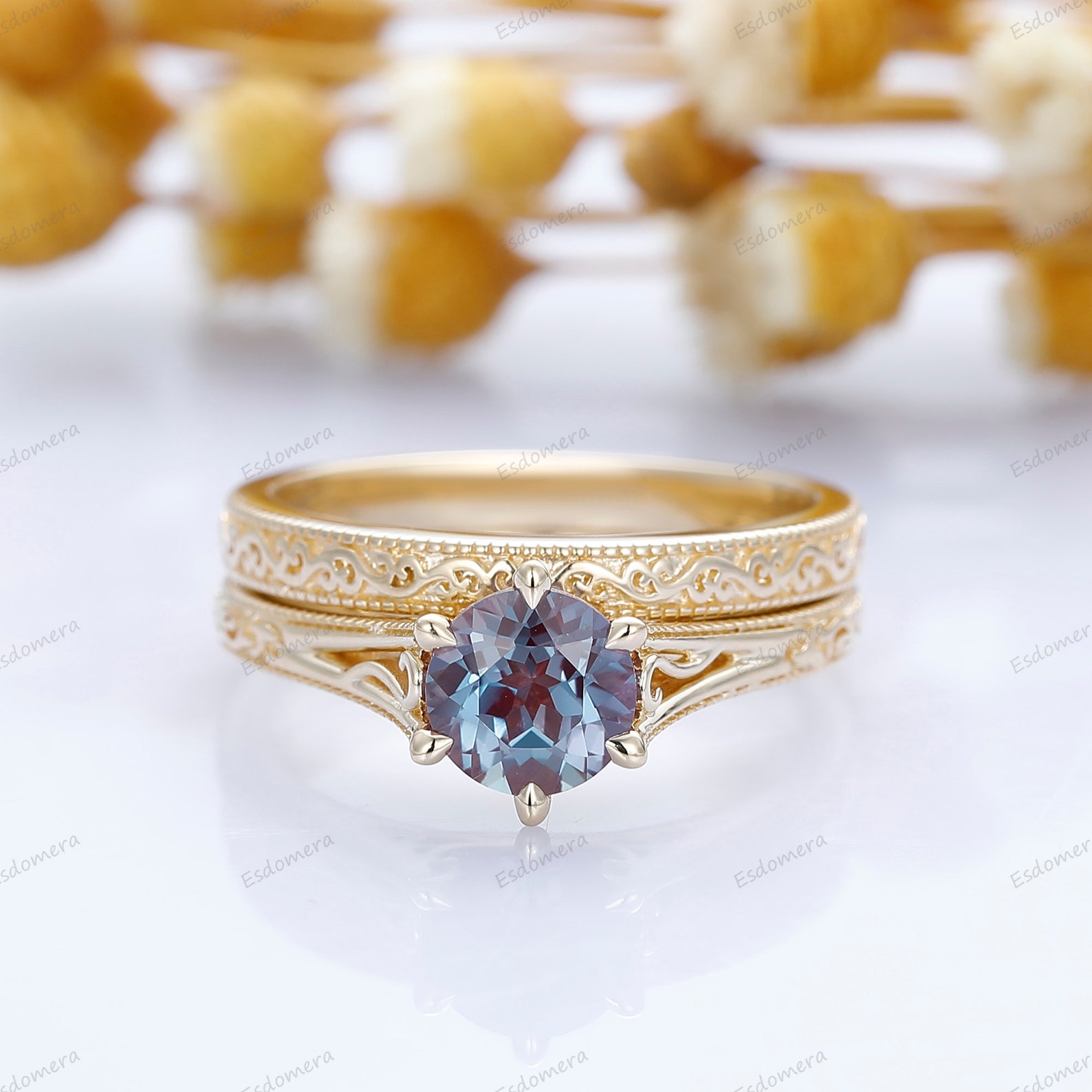 Filigree Design Alexandrite Engagement Ring Set, Promise Ring June ...