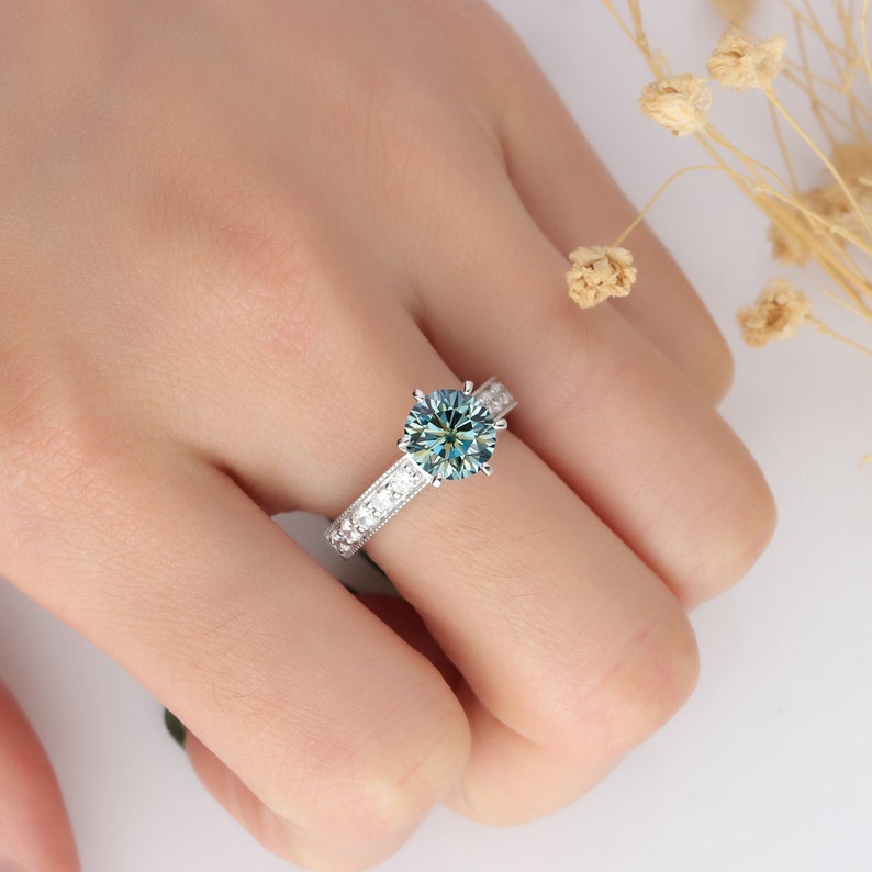 Blue Moissanite Vintage Ring Round Cut 2CT Blue Moissanite - Etsy