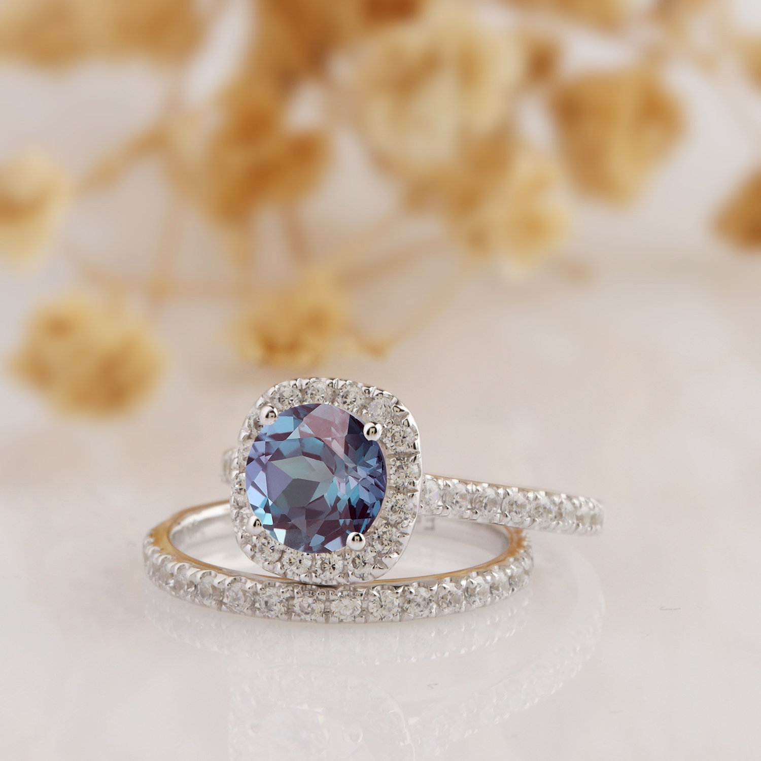 Alexandrite Bridal Set Round Cut 1.00CT Alexandrite Ring | Etsy