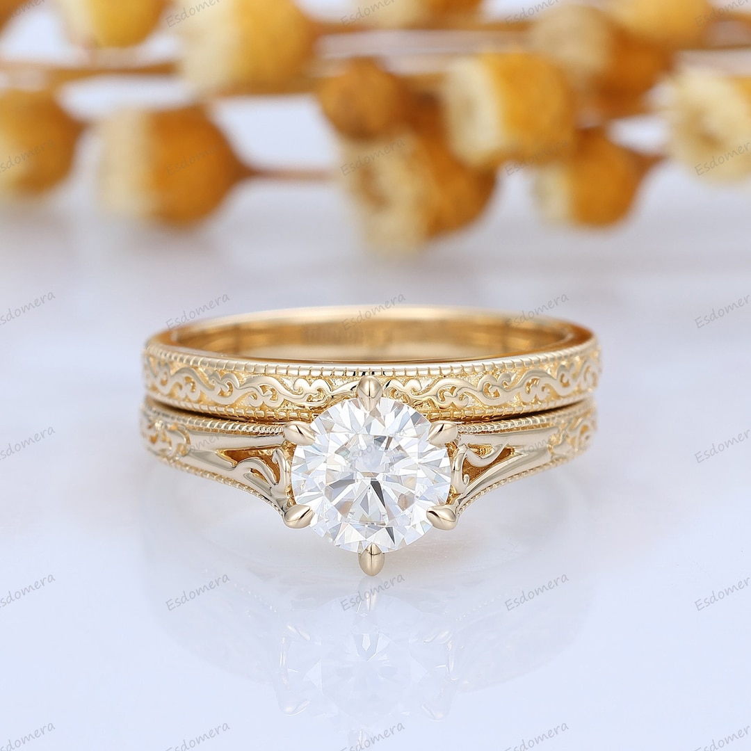 Antique Filigree Moissanite Ring Set, 1CT Round Cut Moissanite ...