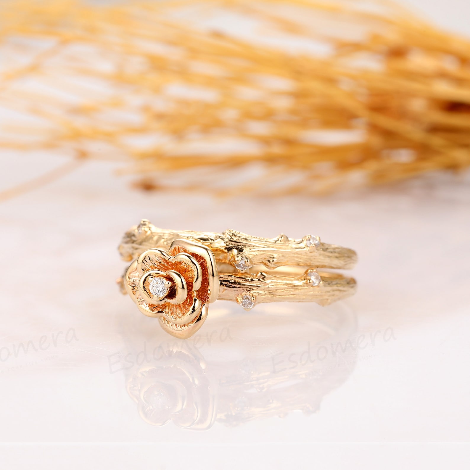 Floral Diamond Bridal Set Diamond Rose Flower Design Wedding - Etsy