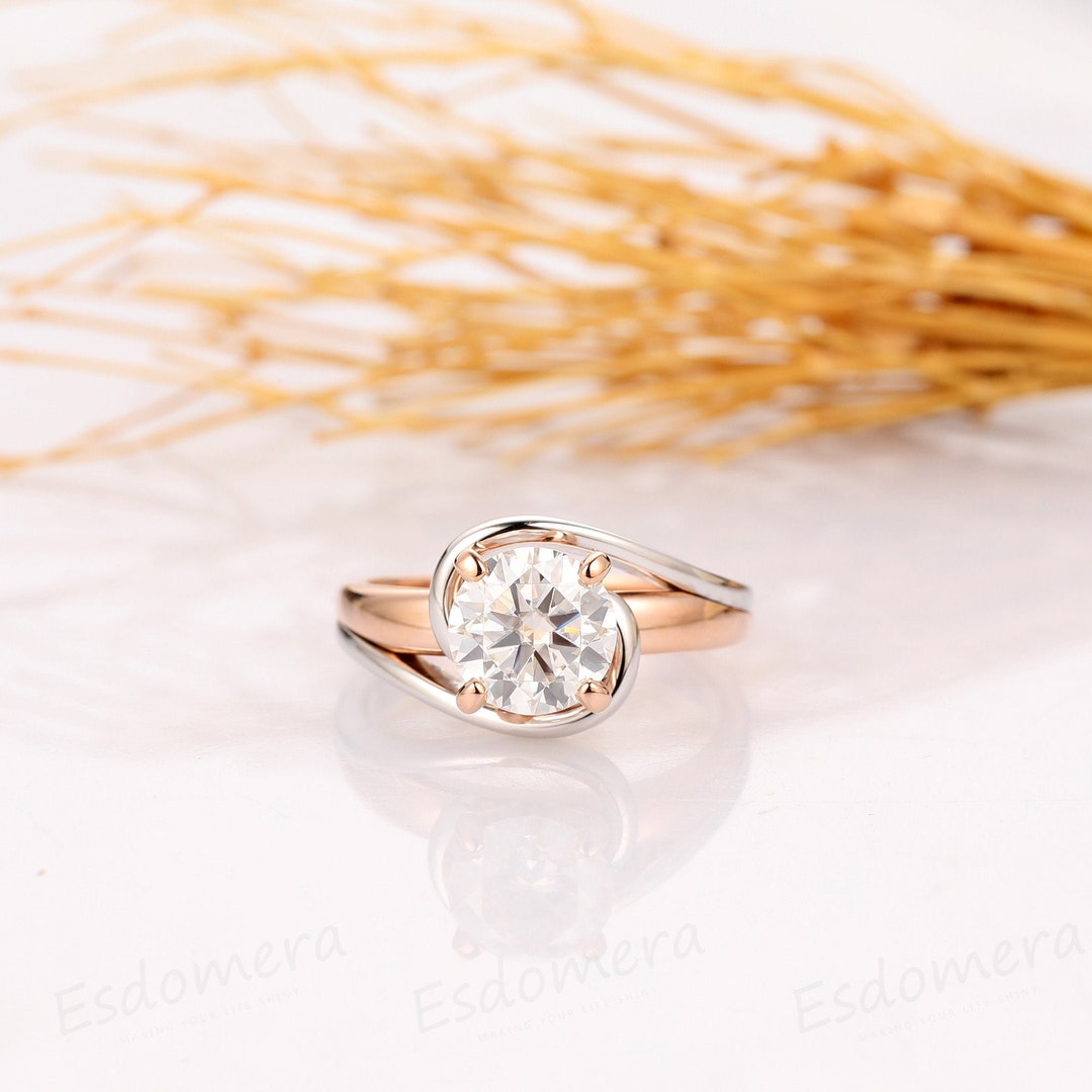 Anillo de moissanita de oro de dos tonos de 14 k, anillo de moissanita ...