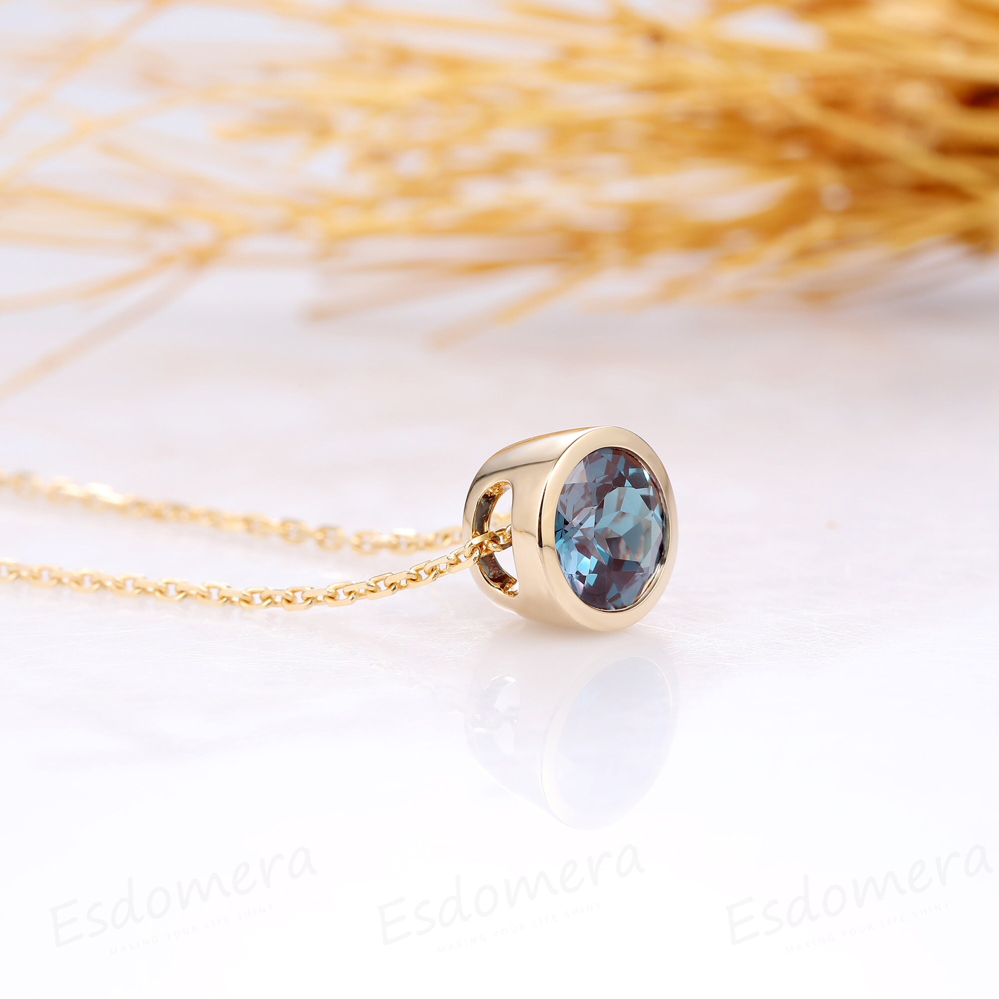 Alexandrite Pendant Necklace, Round Cut 1CT Alexandrite Bezel Solitaire ...