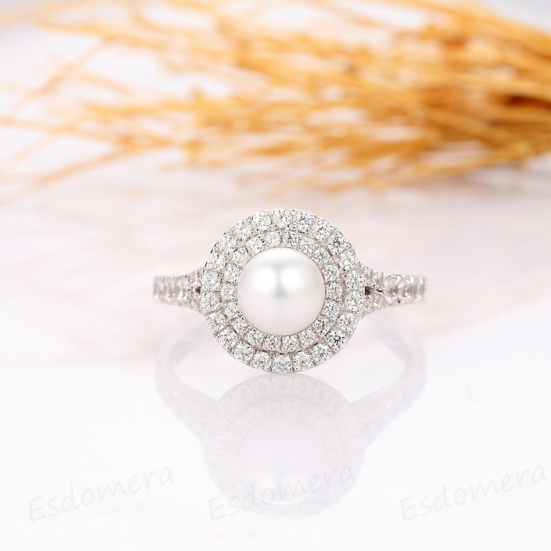 Round Cut Natural Pearl 7mm Engagement Ring Double Halo - Etsy