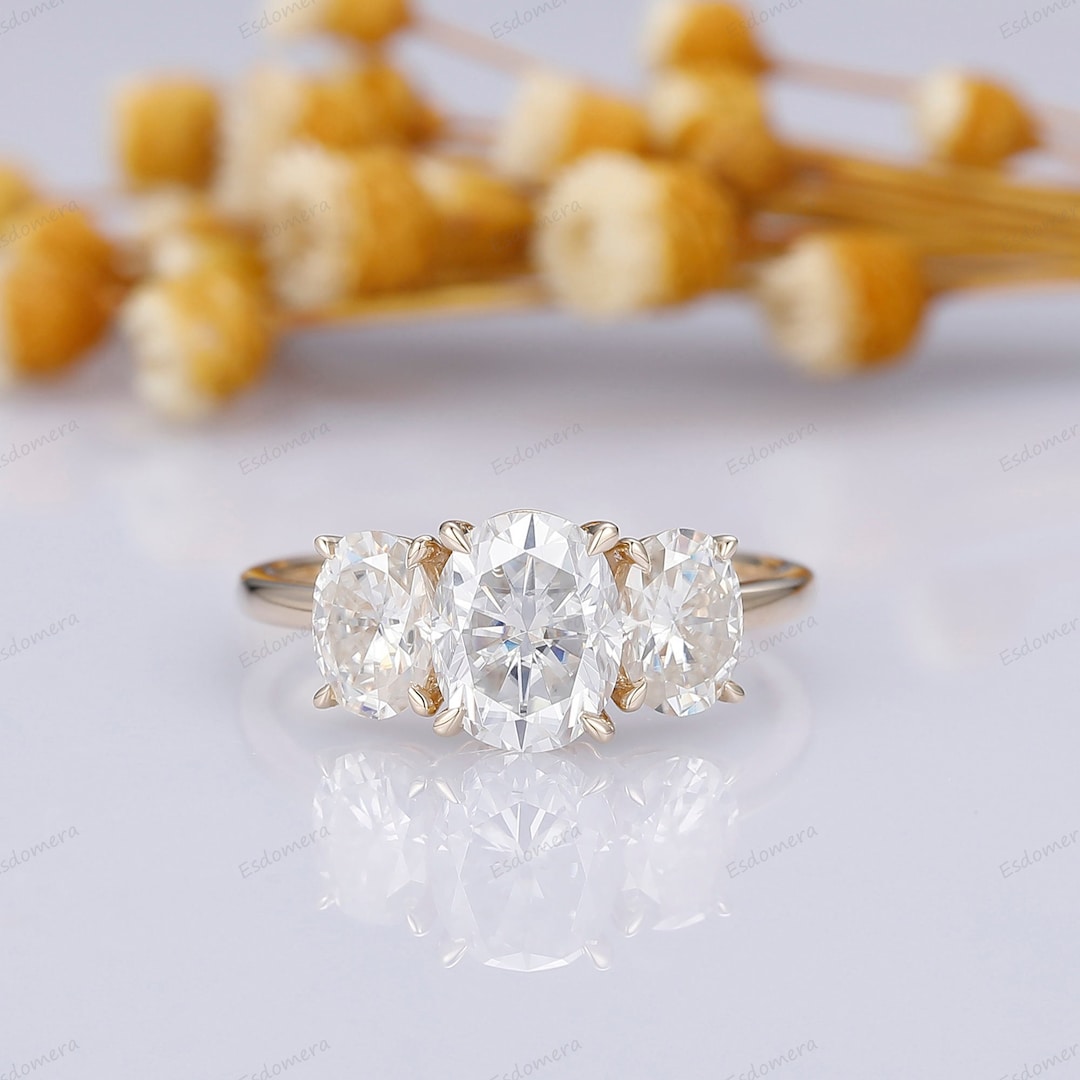 Oval Three Stone Engagement Ring, Triad Engagement Ring, 4 Prong Set ...