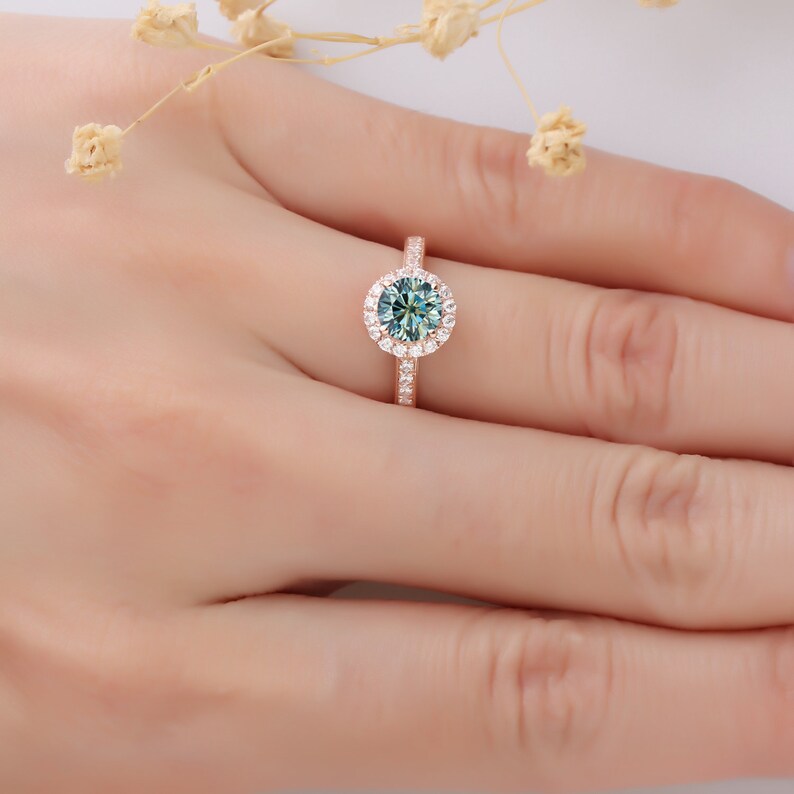 Blue Moissanite Engagement Ring Halo Accents Ring Round Cut Etsy